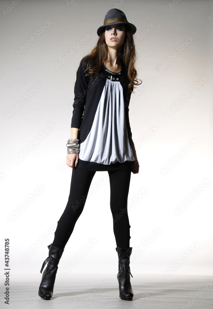 full-length fashion model in hat modern dress posing Stock Photo ...