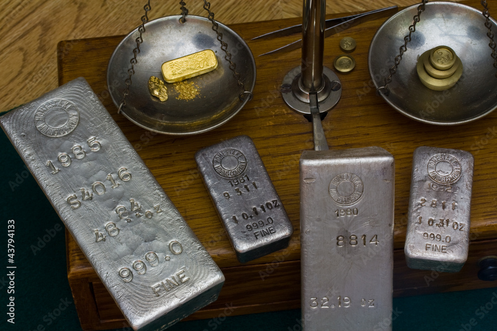 Silver Bullion Bars - Gold Bar, Nugget and Dust on Scale Stock Photo ...