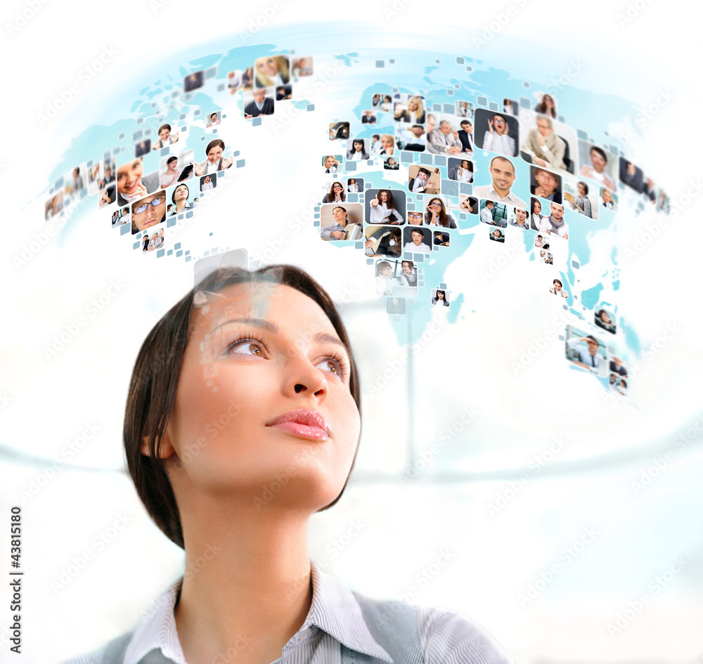 Poster Young successful woman looking at worldmap with profile photos o ...