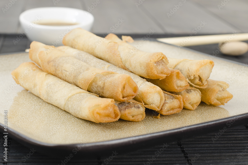 Duck Spring Rolls - Thin fried duck spring rolls & hoisin sauce Stock ...