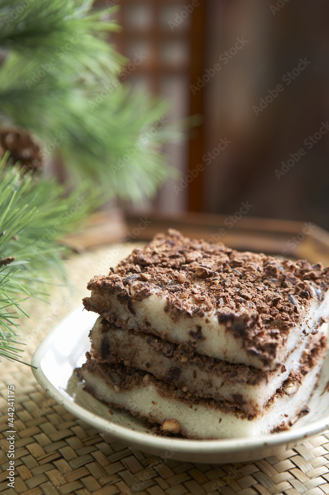 Korean traditional steamed rice cake garnished with adzuki beans ...