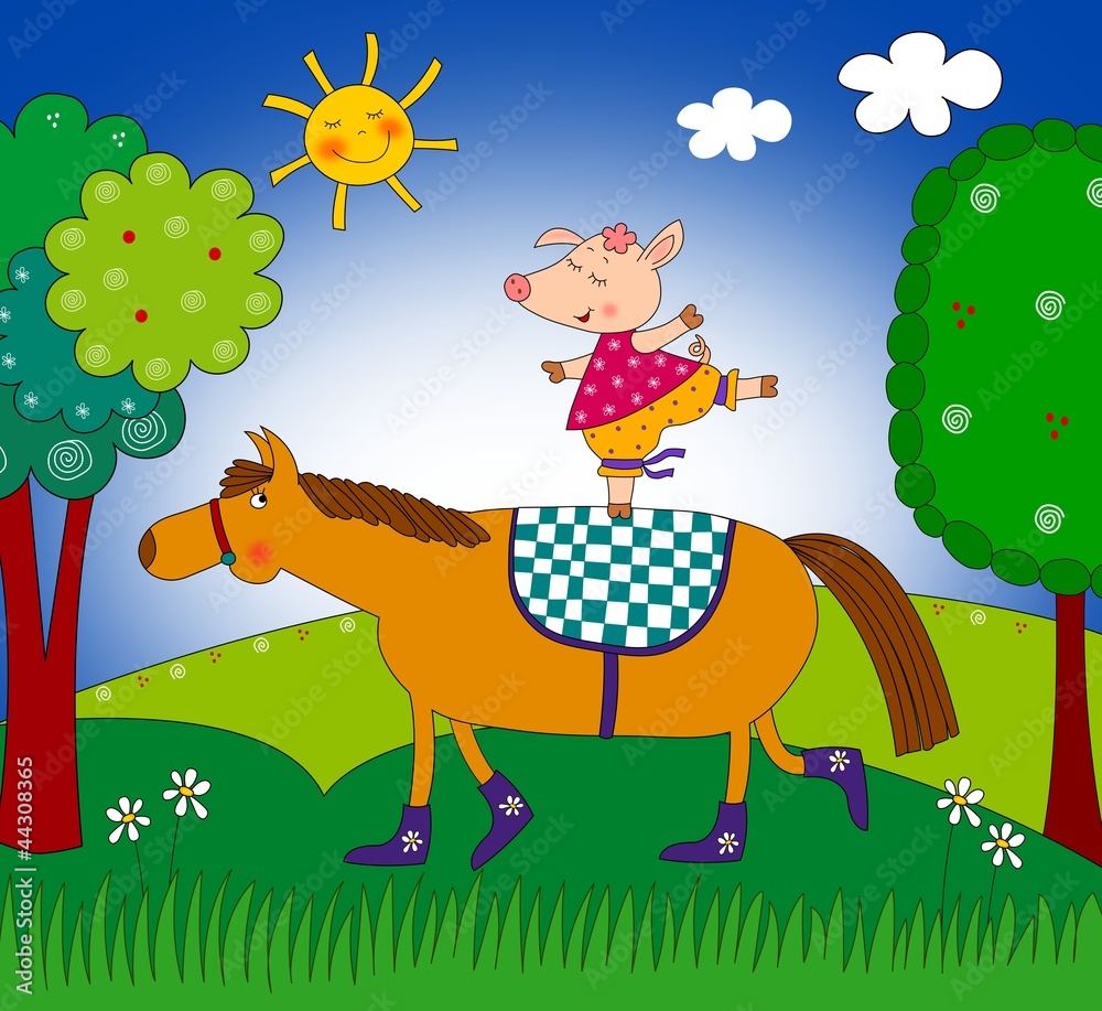 Pig riding horse Stock Illustration | Adobe Stock