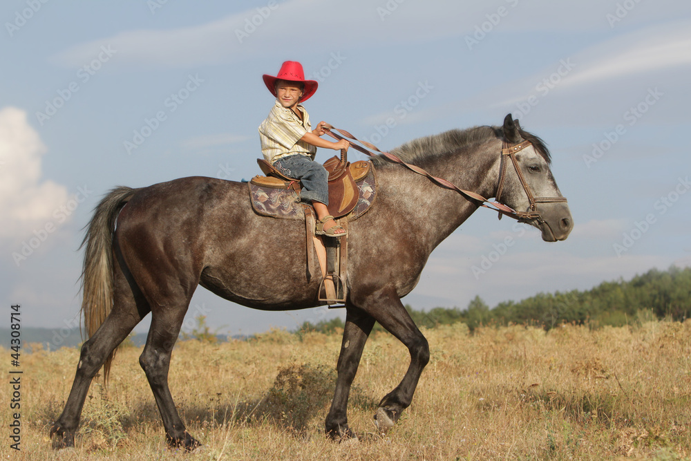young happy boy in cowboy hat riding horse on natural background Stock ...