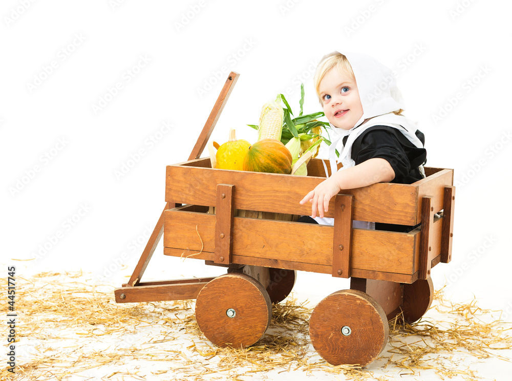 Pilgrim child sitting in a wagon with harvest produce. Stock Photo ...