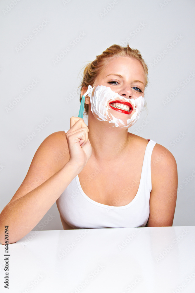 Young Happy Woman Shaving Her Face Emancipation Stock Foto Adobe Stock