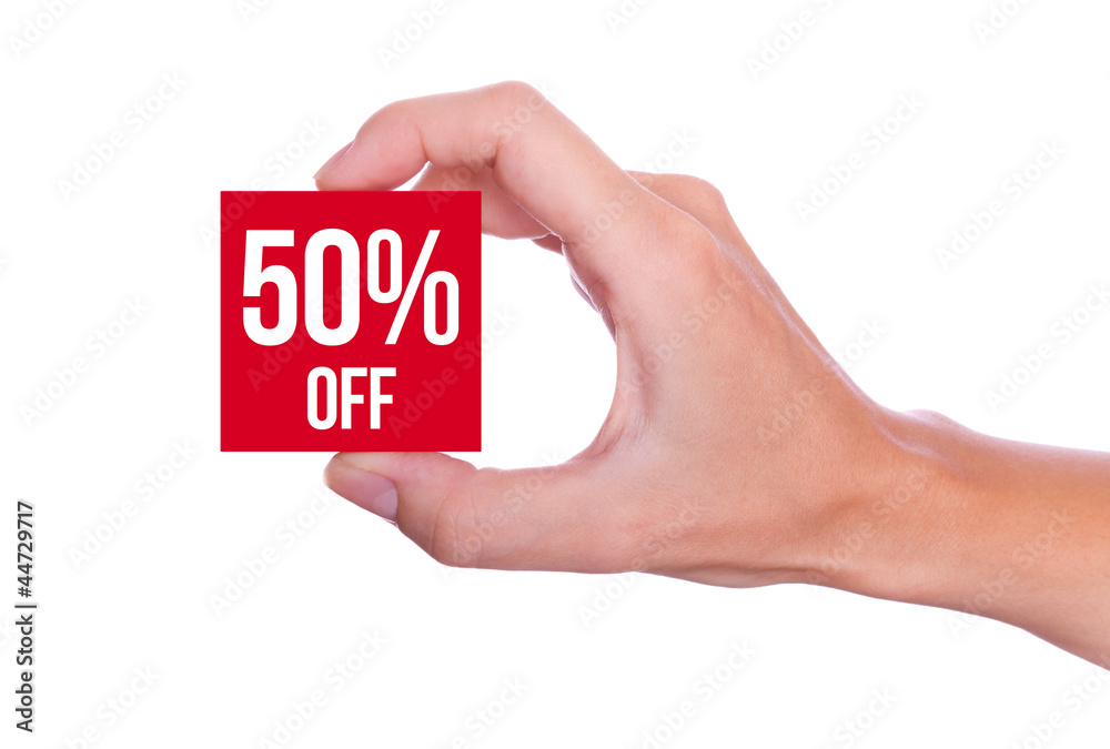 50 Percent off symbol handheld isolated on white background Stock Photo ...