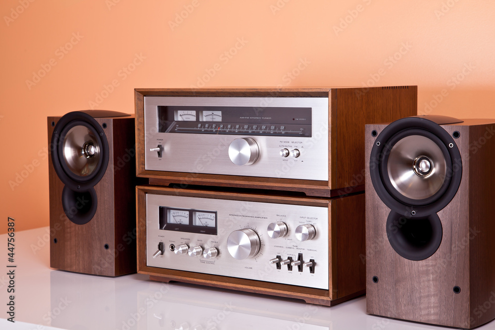 Poster Vintage hi-fi Stereo Amplifier tuner and speakers in wooden cabi ...