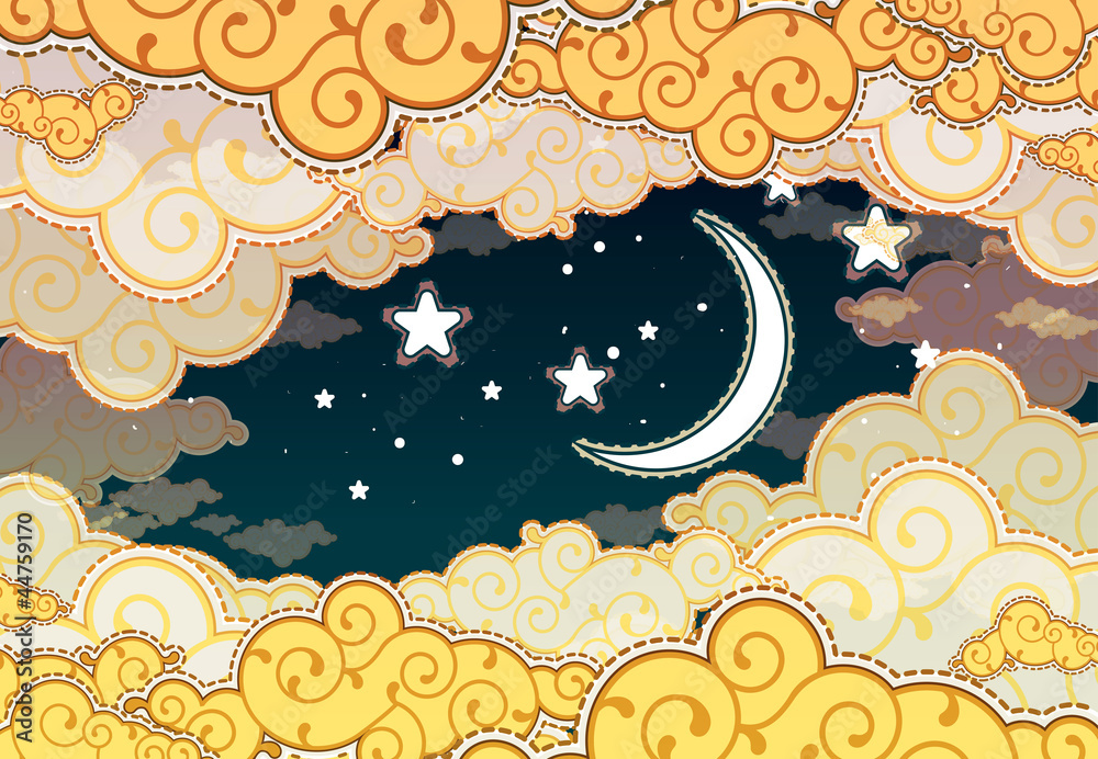 Cartoon style night sky with clouds and moon Stock Vector | Adobe Stock