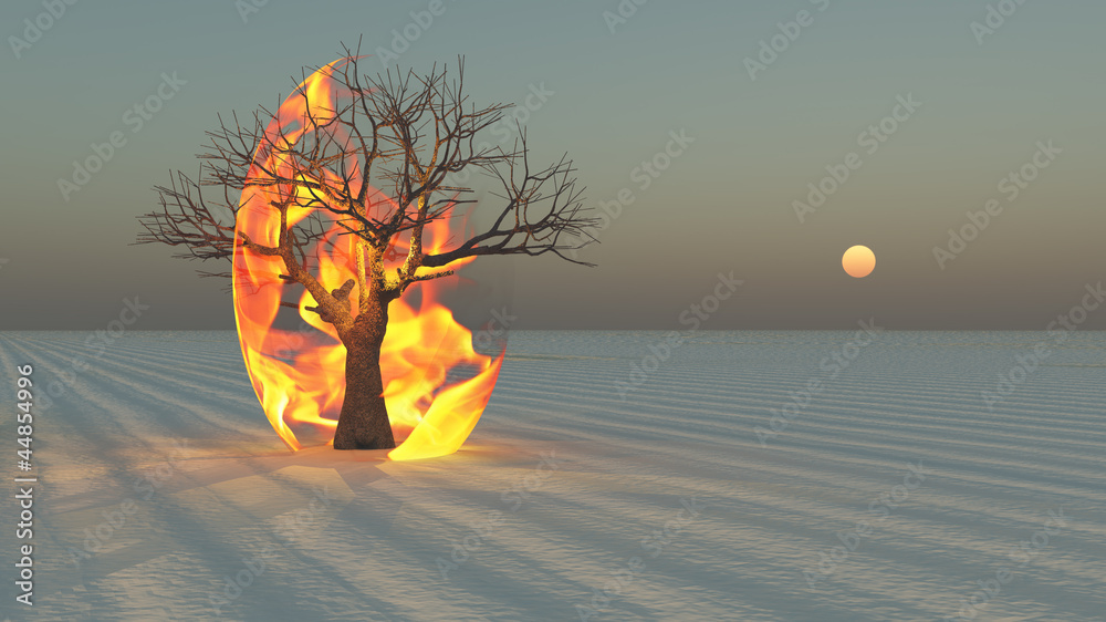 Fire burning around tree in desert Sands Stock Illustration | Adobe Stock