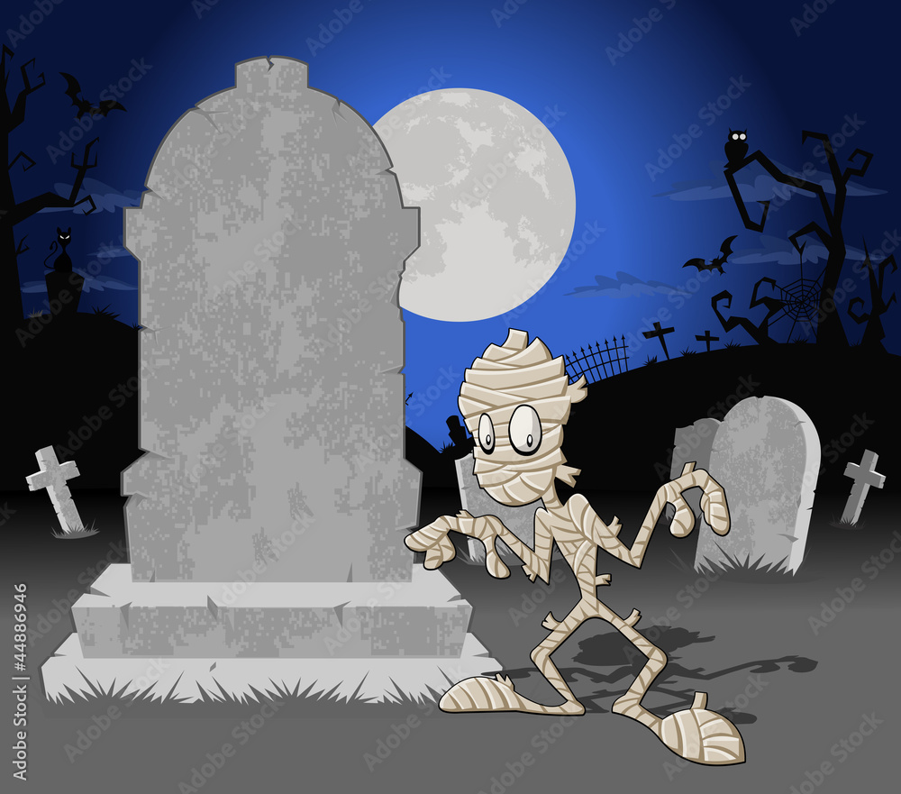 Halloween cemetery background with tombs and funny cartoon mummy Stock ...