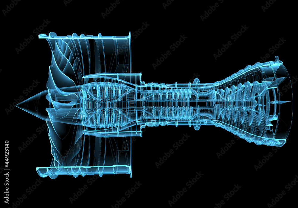 Jet engine turbine (3D xray blue transparent) Stock Illustration ...