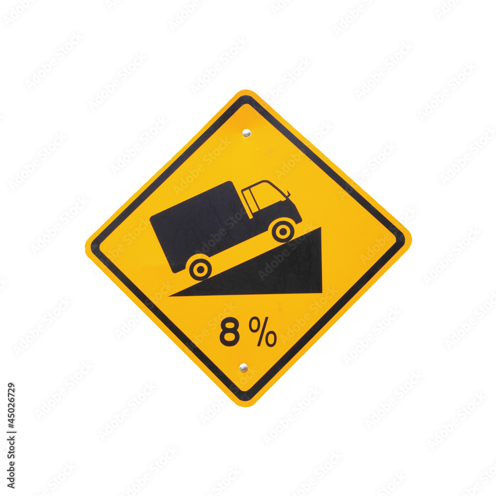 Steep grade hill traffic sign on white background Stock Photo | Adobe Stock