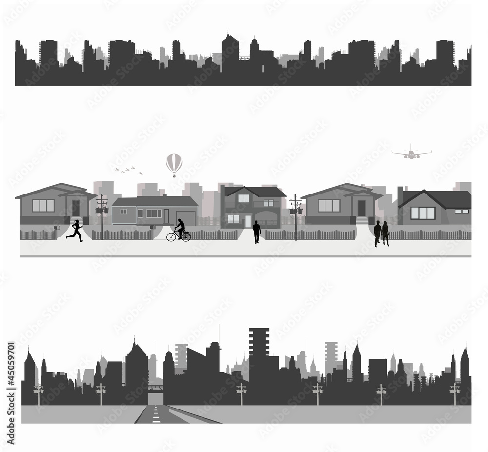 Suburban homes and City skyline Stock Vector | Adobe Stock