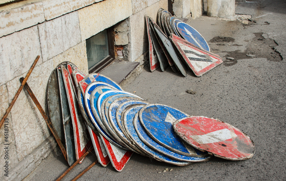 heap of road signs during street reconstruction Stock Photo | Adobe Stock