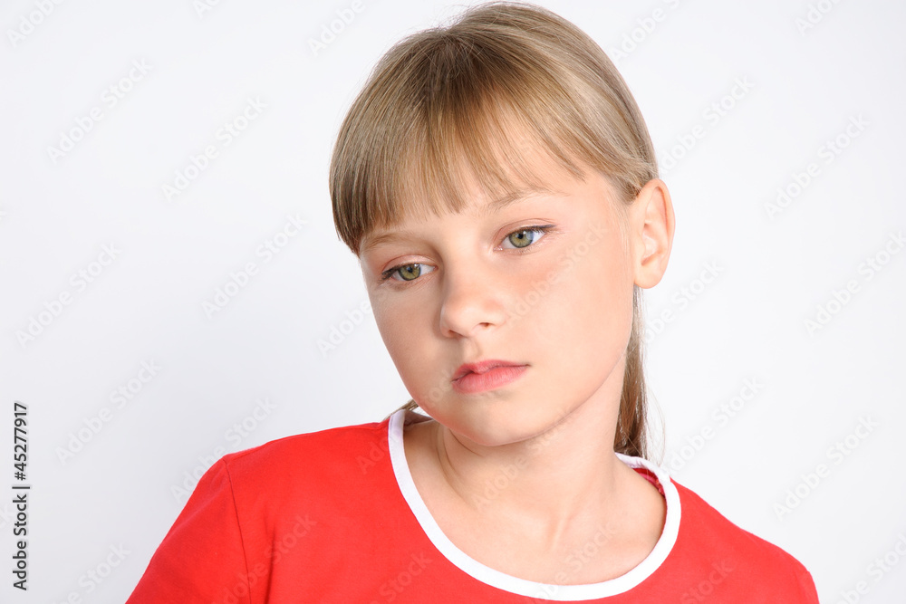 Sad Preteen Girl Looking From Camera Teenager Problem Concept Stock