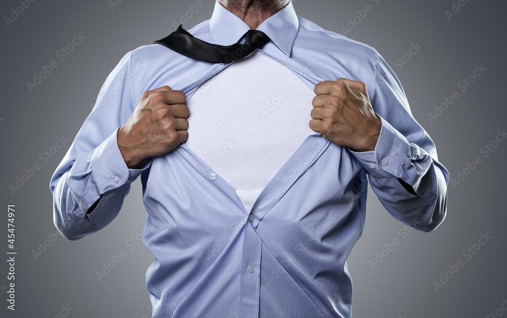 Superhero, young businessman tearing his shirt off Stock Photo | Adobe ...