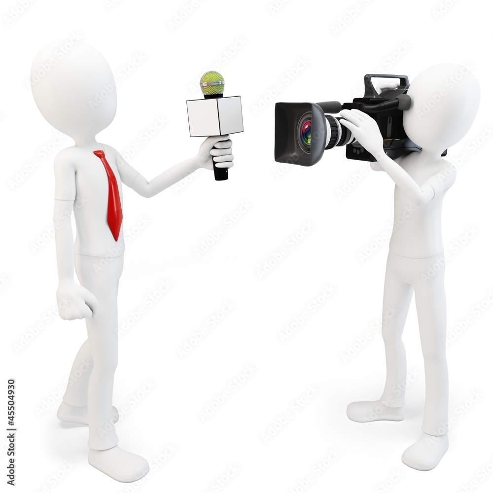 3d man reporter and cameraman crew on white background Stock ...
