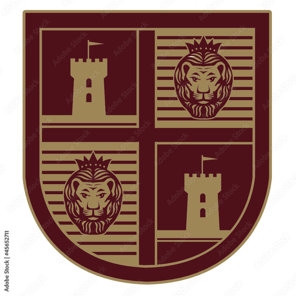 Shield with a lion and castle, vector illustration Stock Vector | Adobe ...