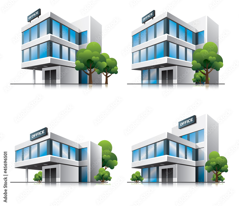 Four cartoon office vector buildings with trees. Stock Vector | Adobe Stock