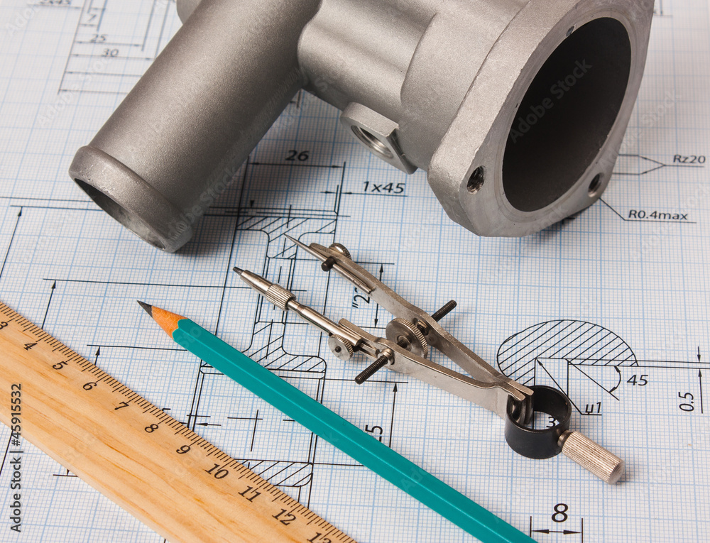 drawings of mechanisms with parts and tools Stock Photo | Adobe Stock