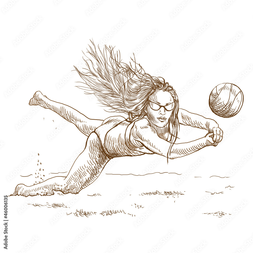 Volleyball player (Beach volleyball). Full-sized hand drawing Stock ...