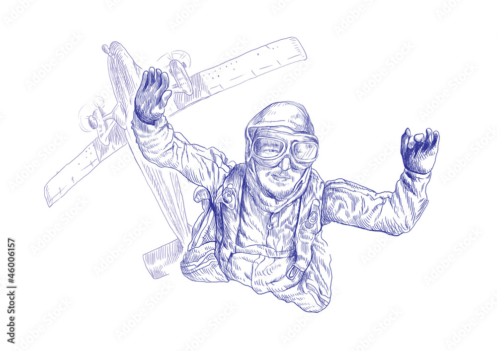 Skydiving, parachutist. Full-sized (original) hand drawing Stock ...