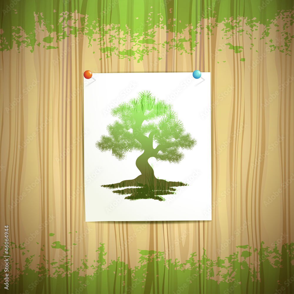 Green tree over sheet of paper and wood texture Stock Vector | Adobe Stock