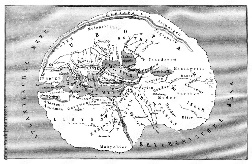 Antiquity : Map of the flat Earth - 5th century (bef.Christus) Stock ...