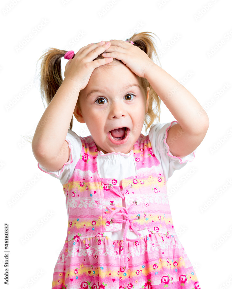 Little girl kid surprised with hands on her head isolated on whi Stock ...