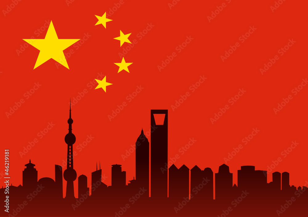 shanghai skyline on chinese flag background. vector fle Stock Vector ...