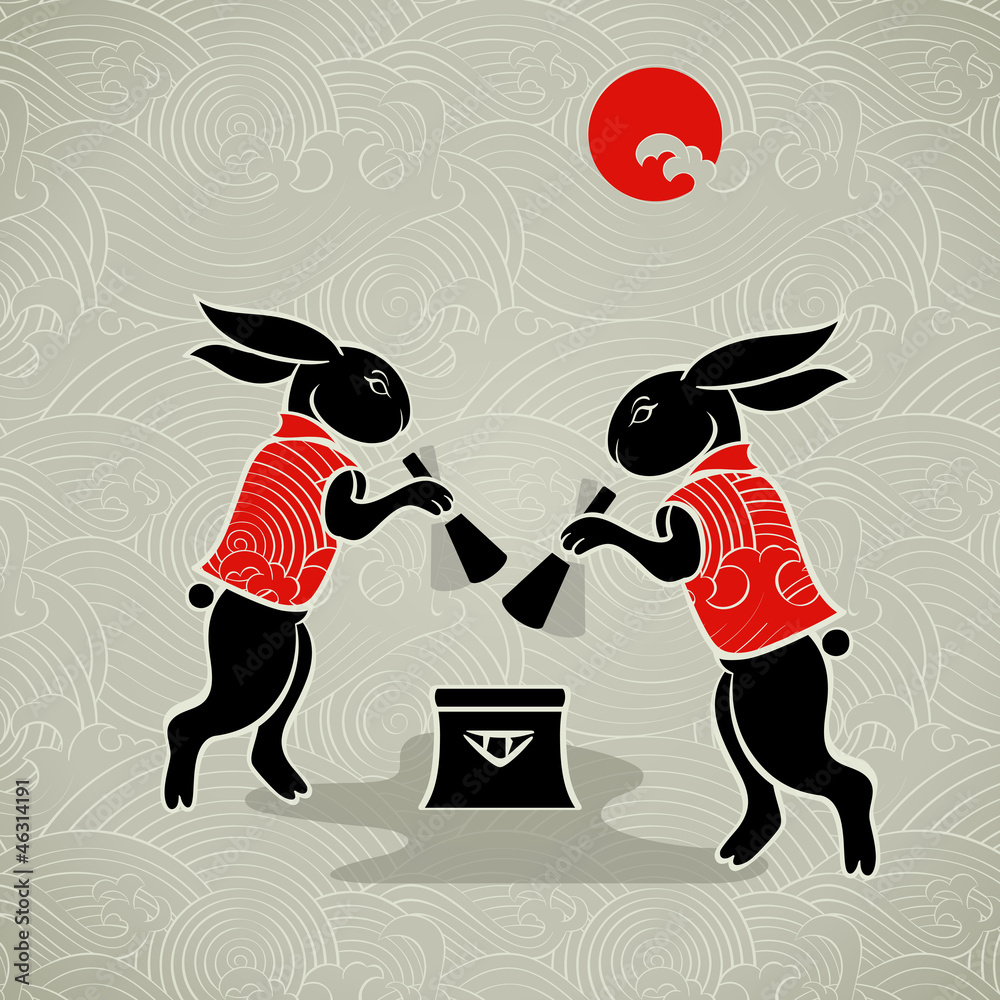 Japanese moon rabbits making mochi (rice cakes) Stock Vector | Adobe Stock