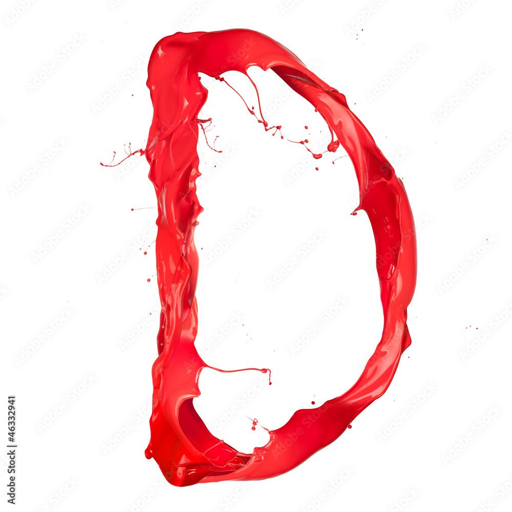 Red paint splash letter "D" isolated on white background Stock ...