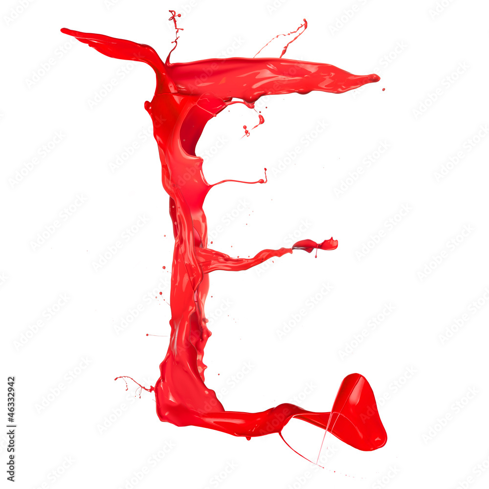 Red paint splash letter "E" isolated on white background Stock ...
