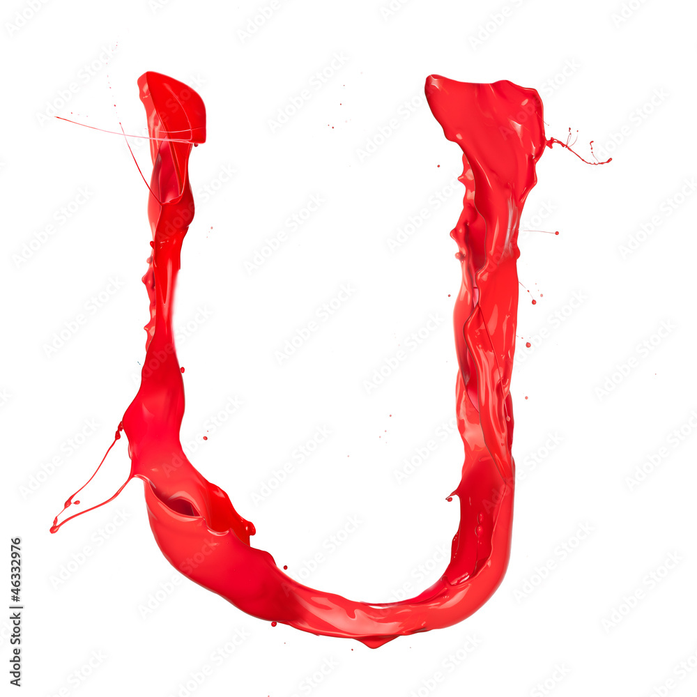 Red paint splash letter "U" isolated on white background Stock ...