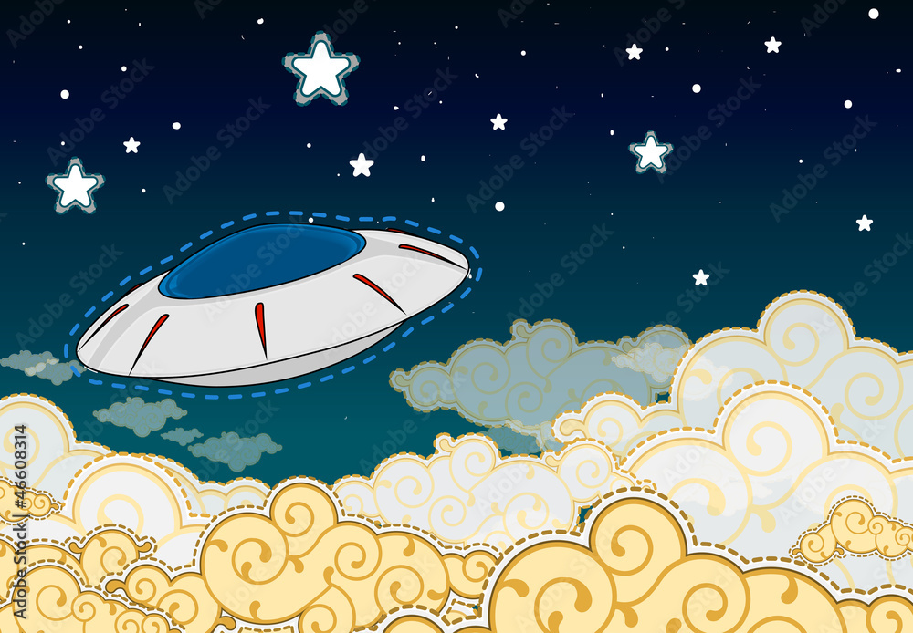 Cartoon style UFO - flying saucer in the cloudy sky Stock Vector ...