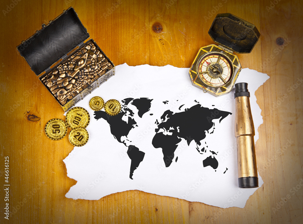 Pirate world map with treasure, compass and binocular Stock Photo ...