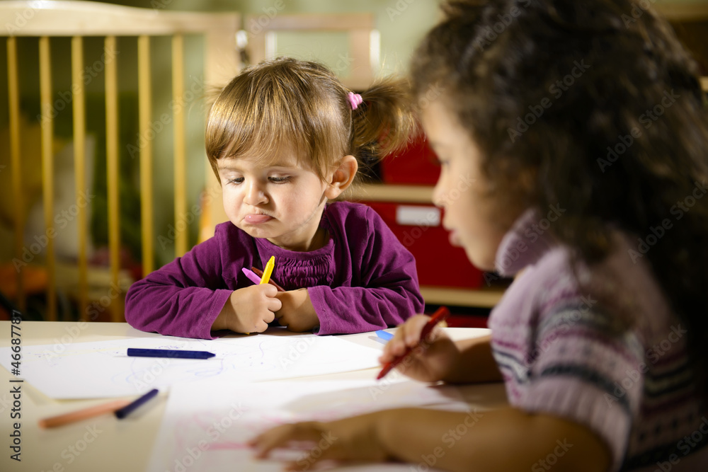 Children and fun, two preschoolers drawing in kindergarten Stock Photo ...