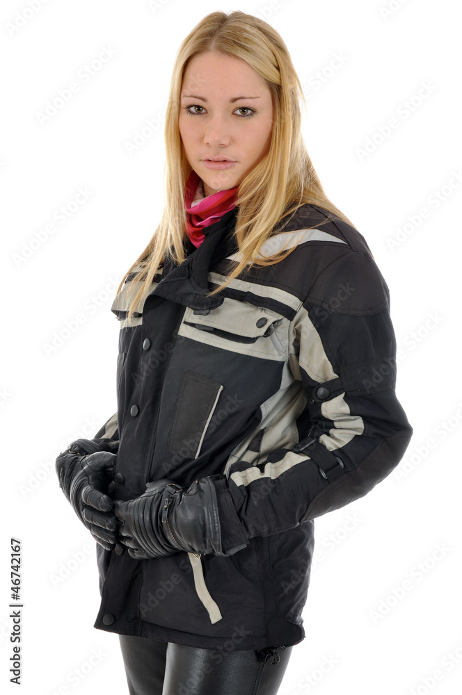 Junge Frau in Motorradkleidung Stock-Foto | Adobe Stock