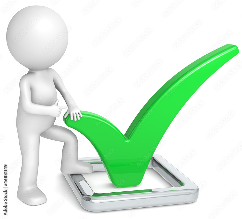 3D little human character pointing at green a Check Mark. Stock ...