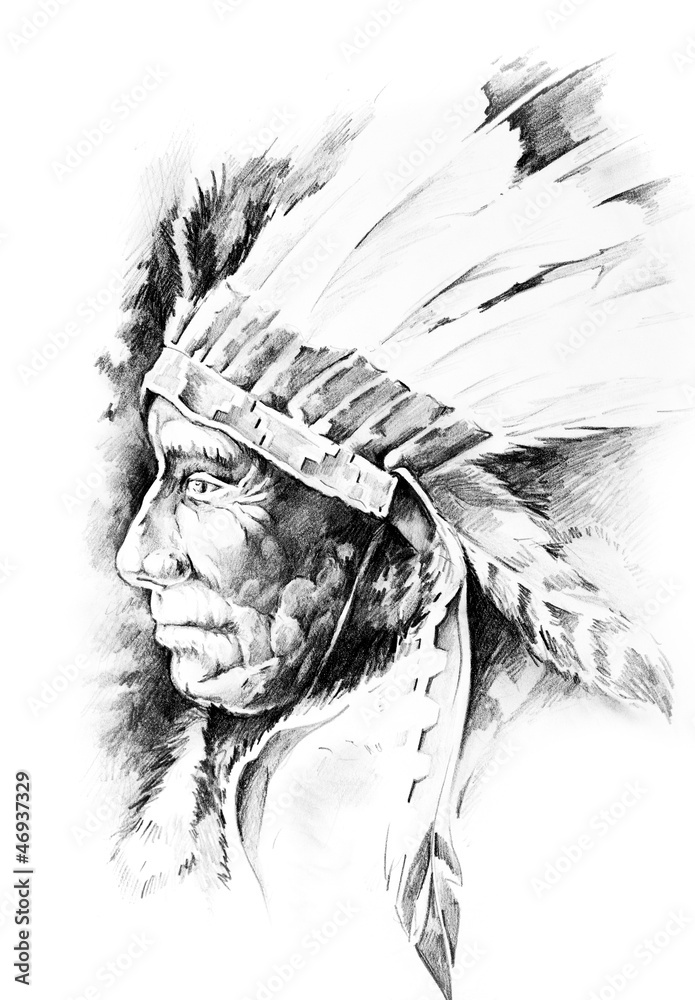 Sketch of tattoo art, native american indian head, chief, isolat Stock ...