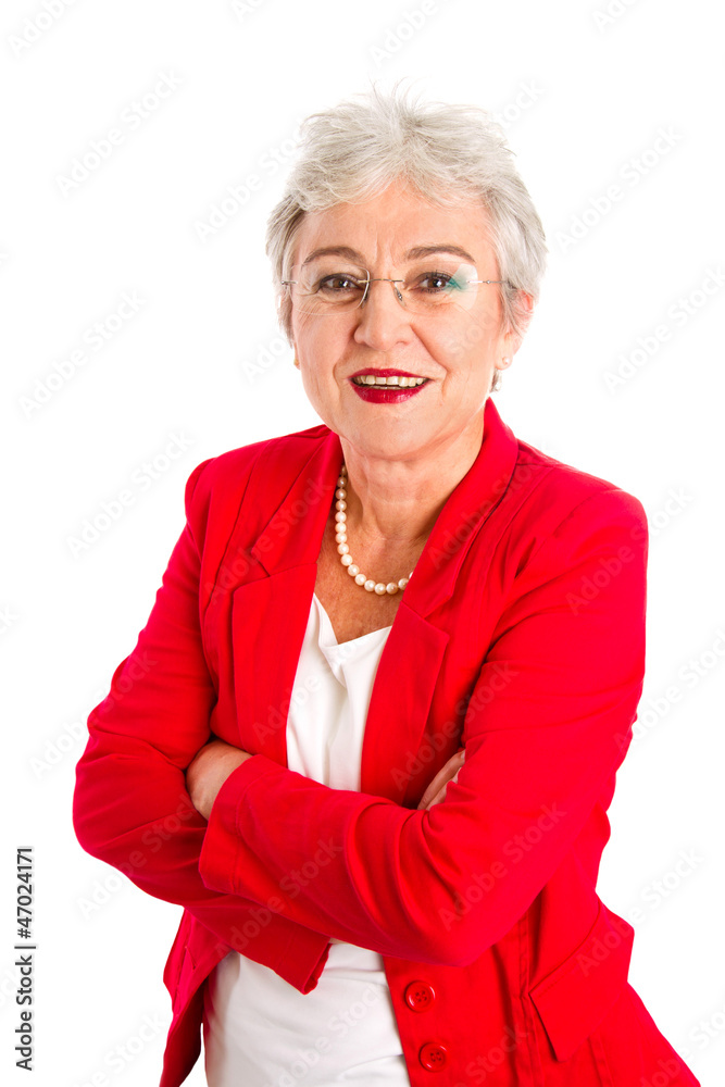 Ältere Dame mit Brille in Rot Stock-Foto | Adobe Stock