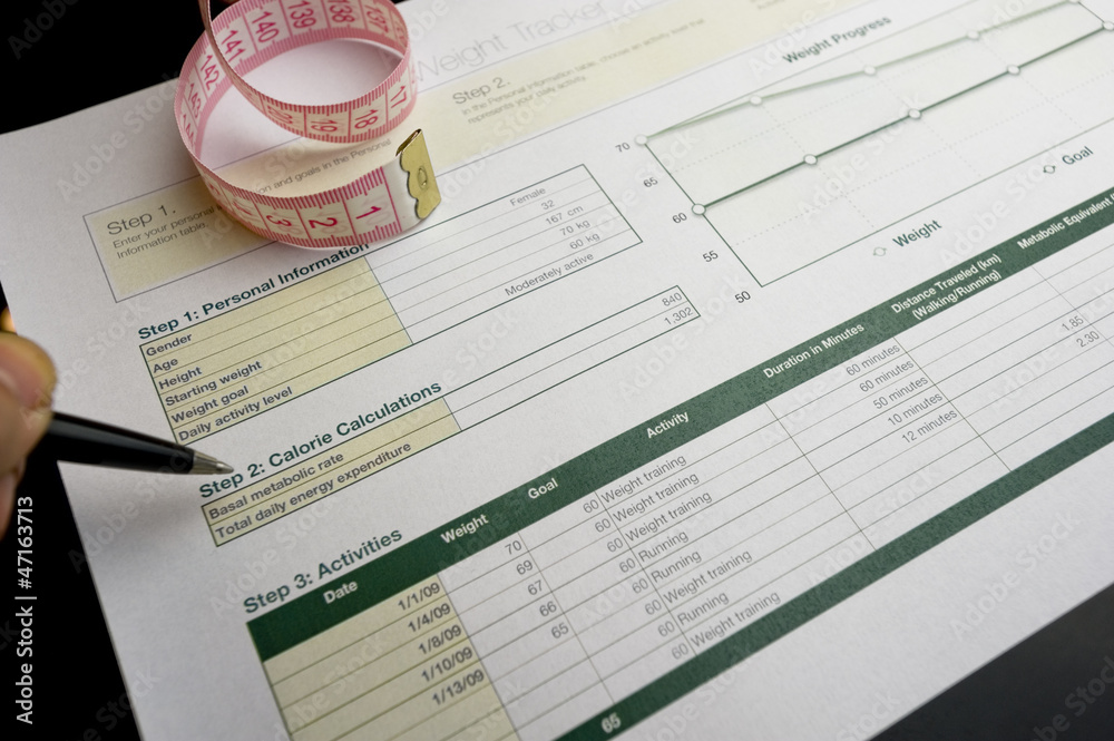 Training workout, calculation paper and tape measure Stock Photo ...