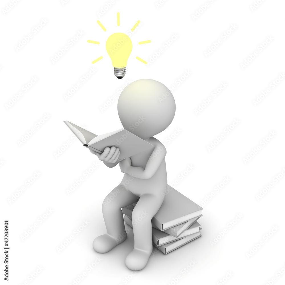 3d man sitting and reading a book with idea bulb on white Stock ...