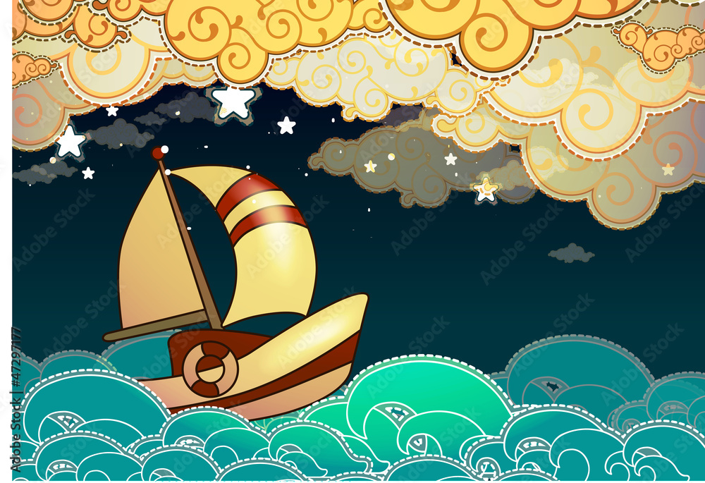 Cartoon stile ship sailing in the night Stock Vector | Adobe Stock