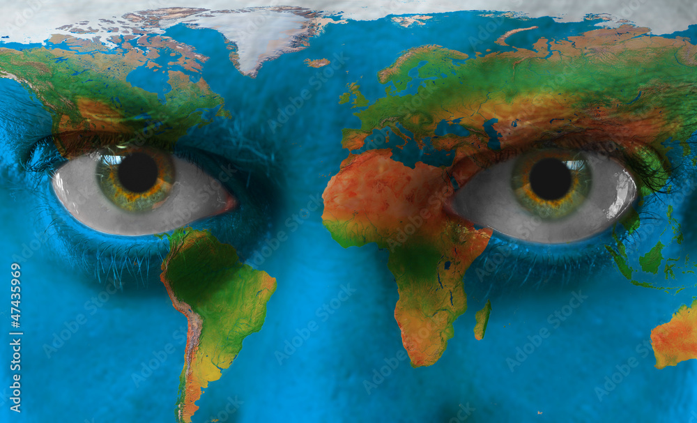 Human face with painted map of world Stock Photo | Adobe Stock