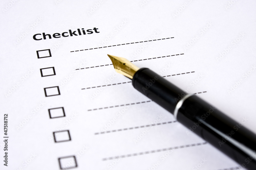 Checklist with a fountain pen on the side on a white background. Stock ...