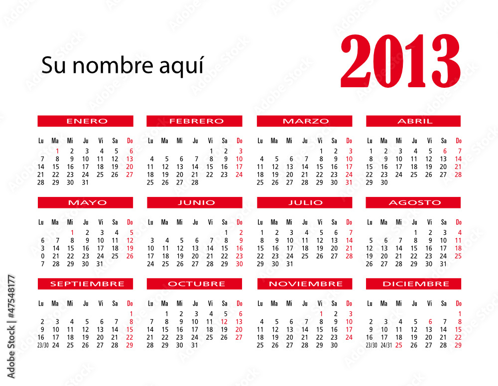 CALENDARIO BASIC ESPAÑOL HORIZONTAL 2013 Stock Vector | Adobe Stock