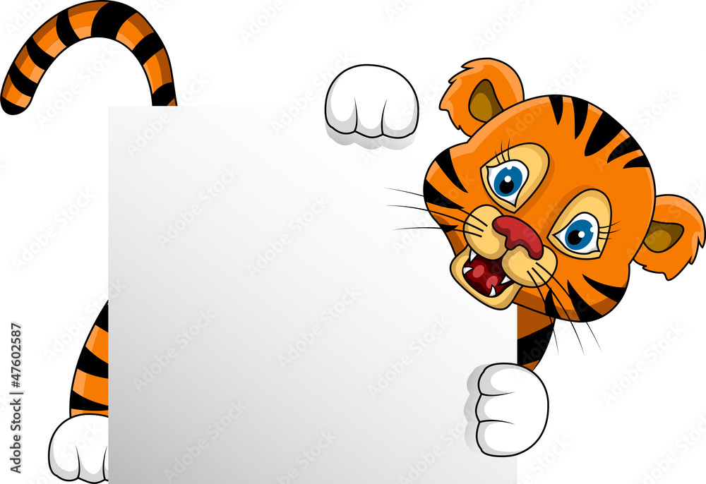cute young tiger cartoon with blank sign Stock Vector | Adobe Stock