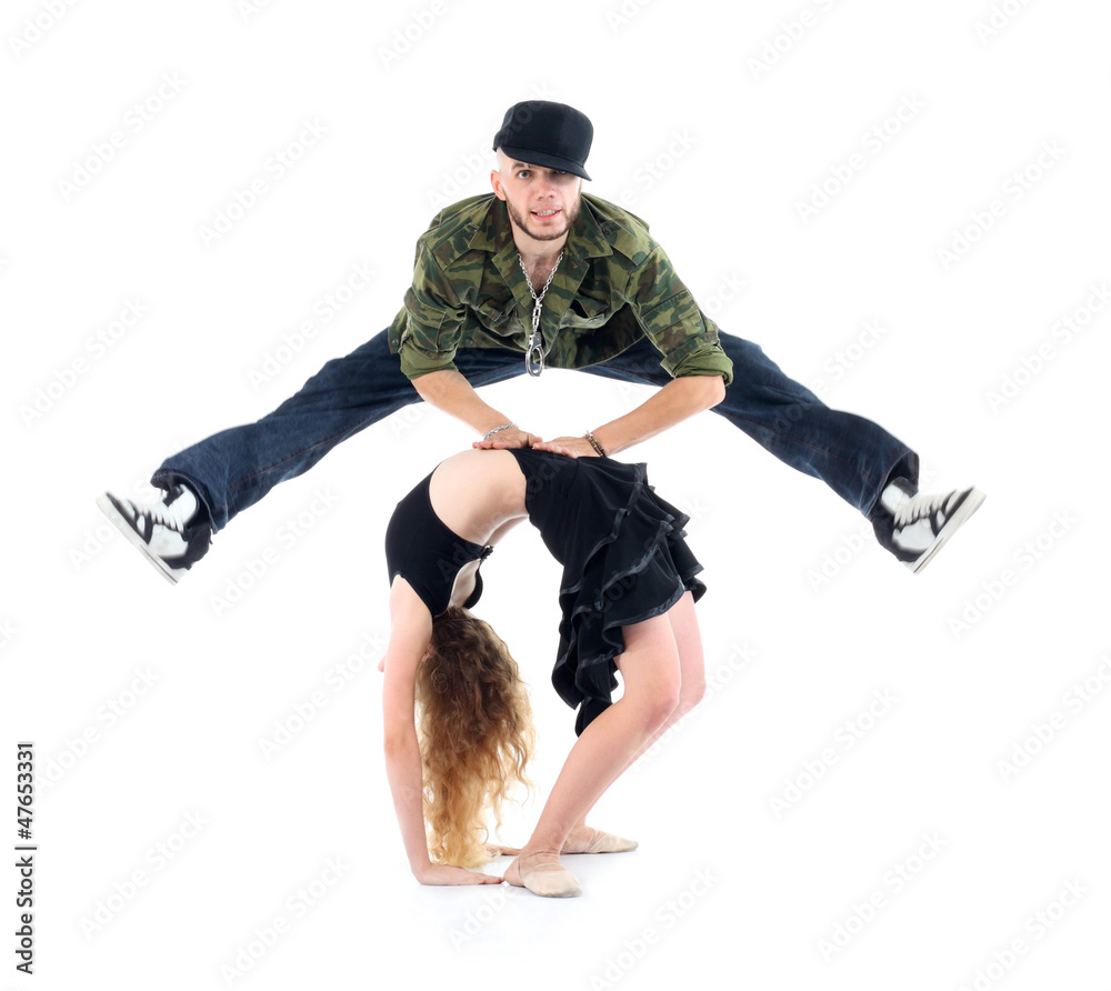 Gymnast does bridge and rapper jump above her isolated on white Stock ...