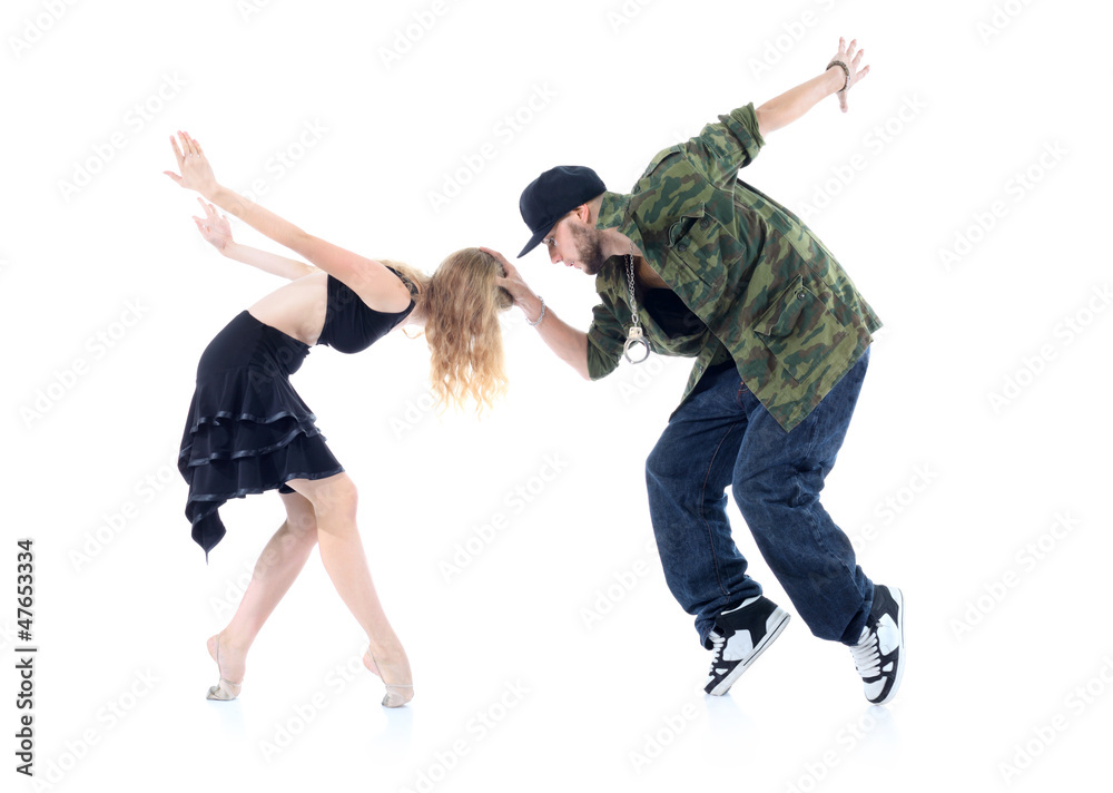 Gymnast and rapper stand on tiptoe, arms tossed back isolated Stock ...